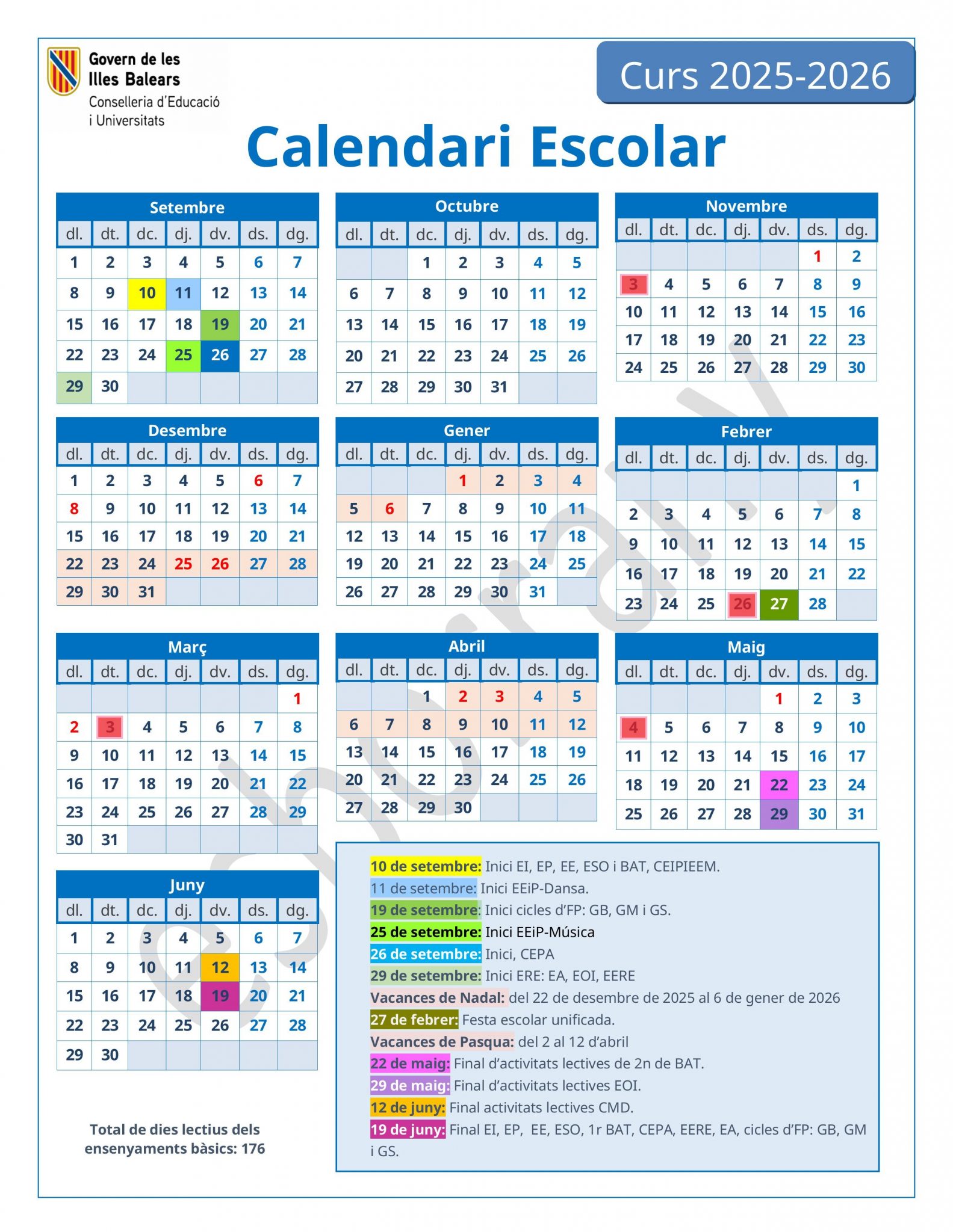 CALENDARI ESCOLAR 25-26 | CEIP Son Basca