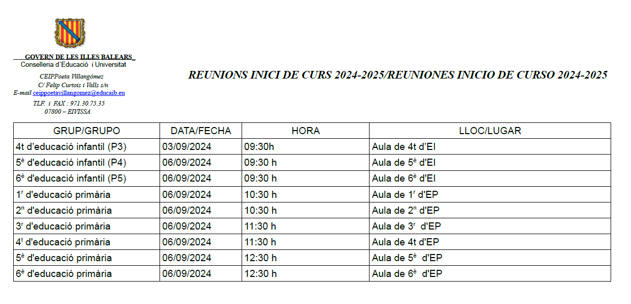 REUNIONS INICI CURS 24-25/REUNIONES INICIO CURSO 24-25 | CEIP POETA VILLANGOMEZ