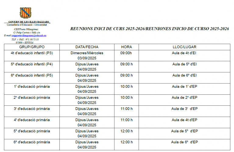 REUNIONS INICI DE CURS/REUNIONES INICIO DE CURSO | CEIP POETA VILLANGOMEZ